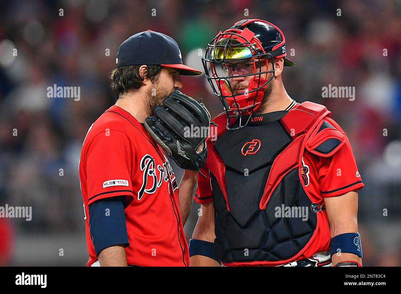 ATLANTA, GA – JULY 19: Atlanta Braves pitcher Luke Jackson (left) and ...