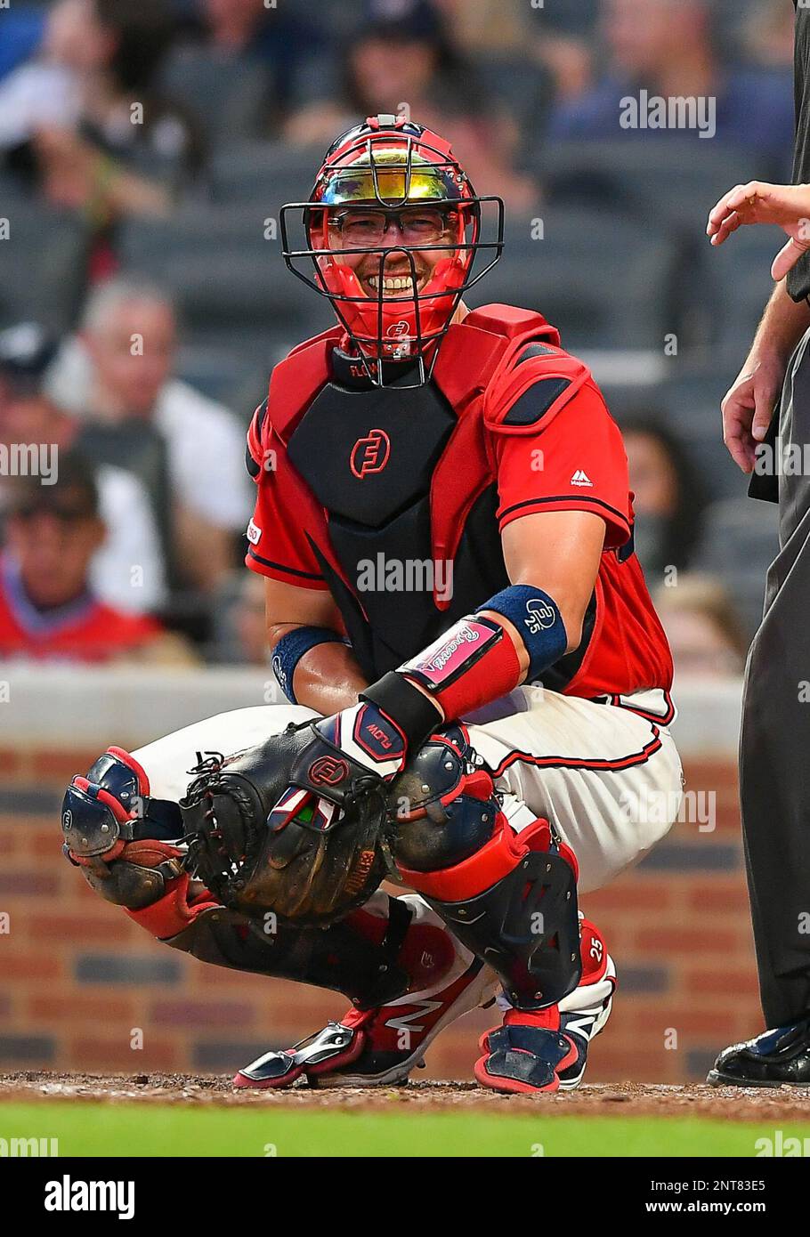 ATLANTA, GA – JULY 19: Atlanta Braves catcher Tyler Flowers (25) laughs ...