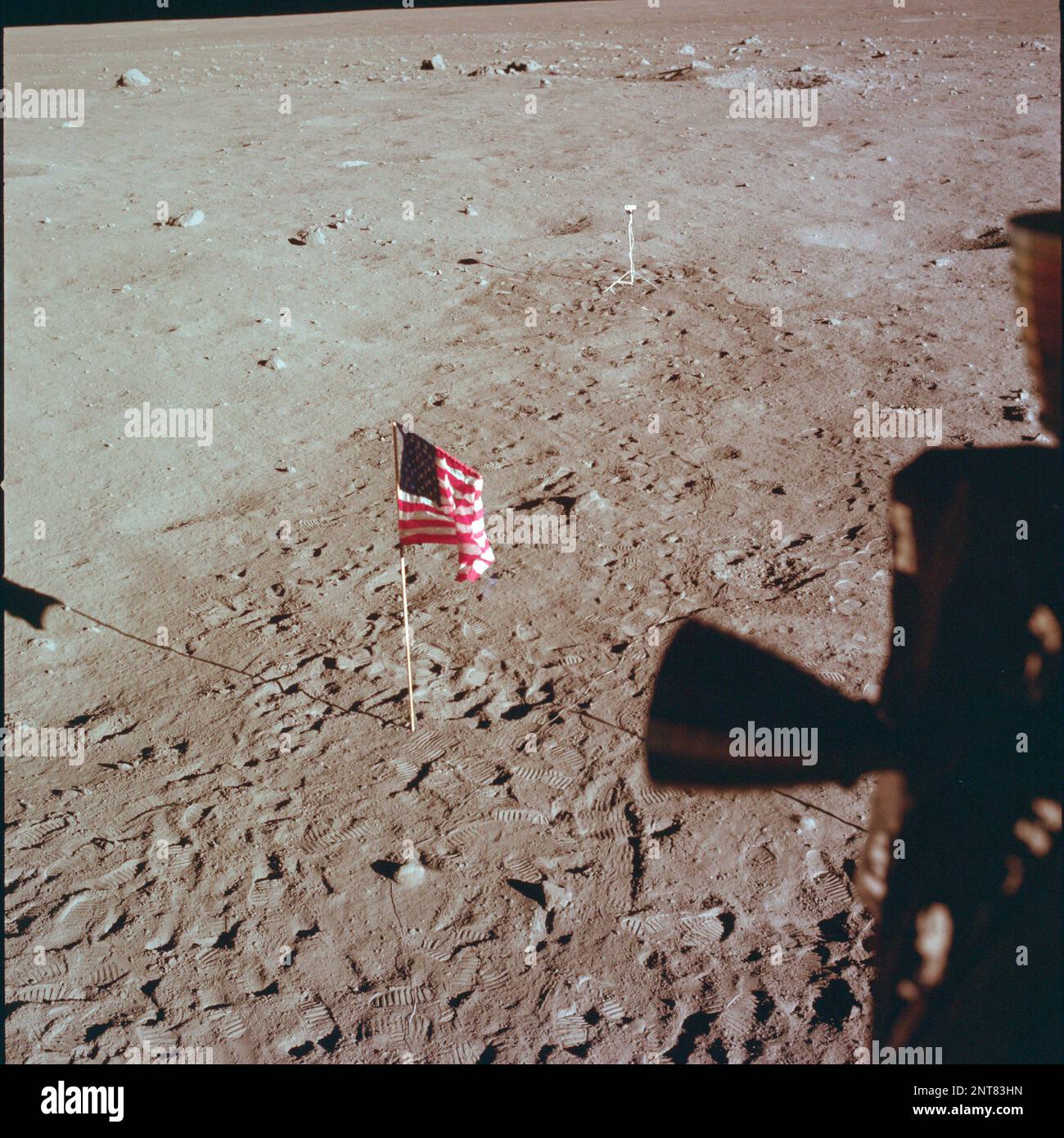This July 21, 1969 photo made available by NASA shows Tranquility Base and the U.S. flag from a ...
