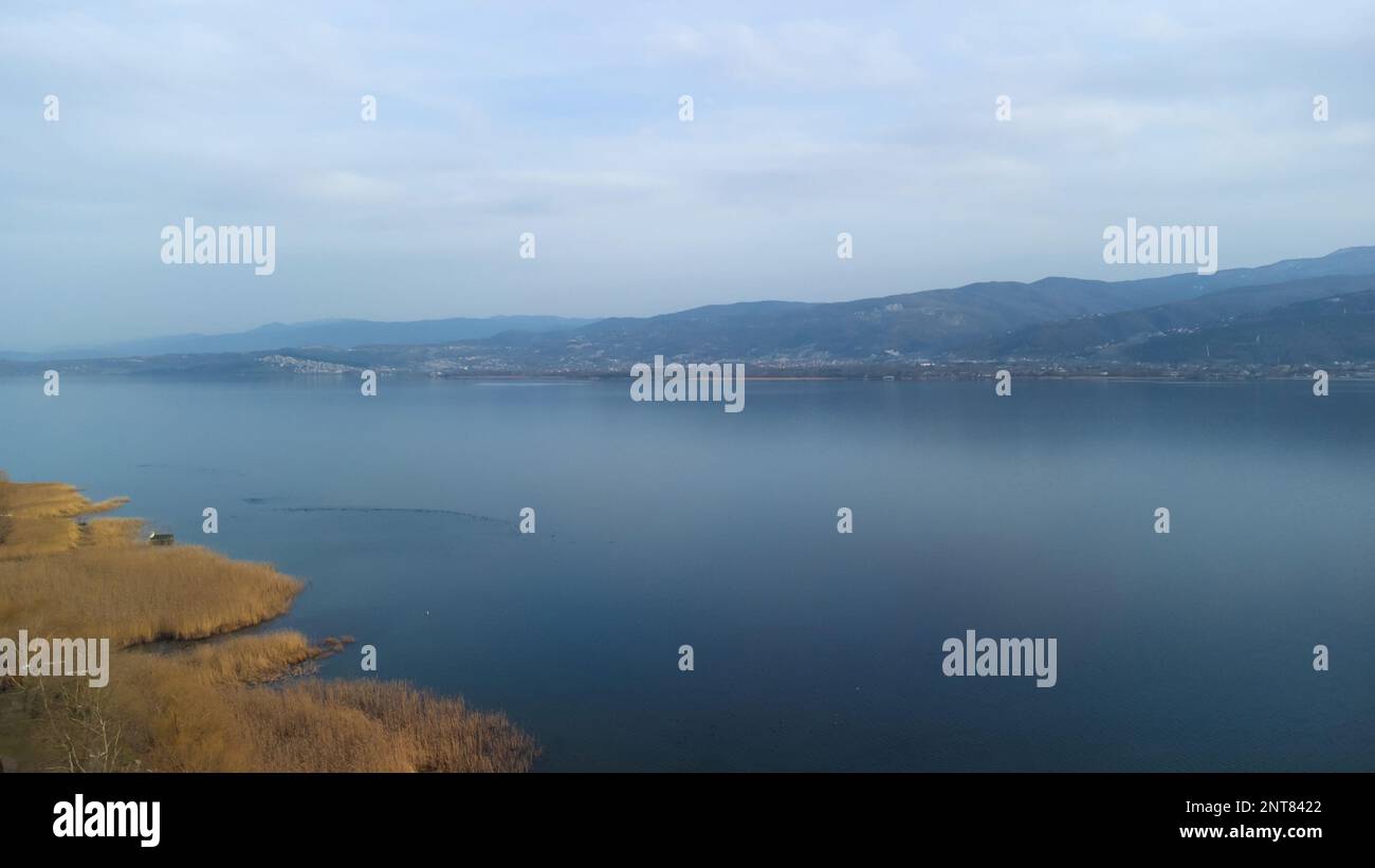Aerial view of lake and reeds. Lake Sapanca in Turkey. Lake water level ...