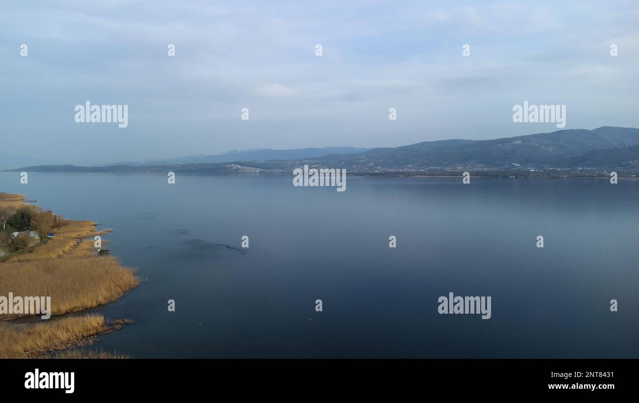 Aerial view of lake and reeds. Lake Sapanca in Turkey. Lake water level ...