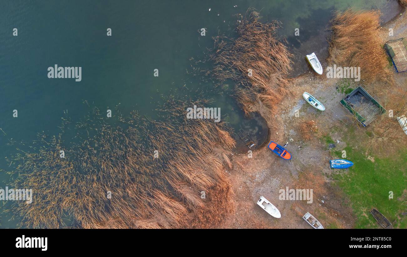 Aerial view of lake and reeds. Lake Sapanca in Turkey. Lake water level ...