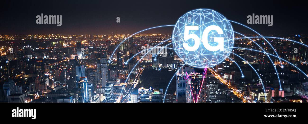 5G Fast speed wireless internet connection and technology concept. 3d ...