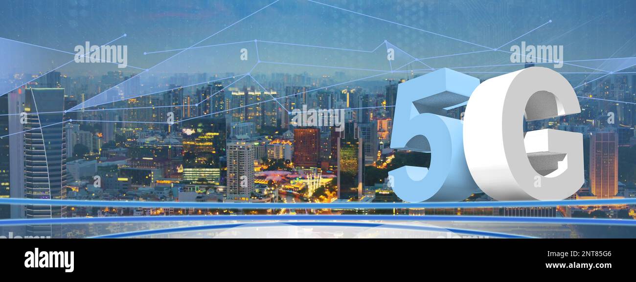 5G Fast speed wireless internet connection and technology concept. 3d ...