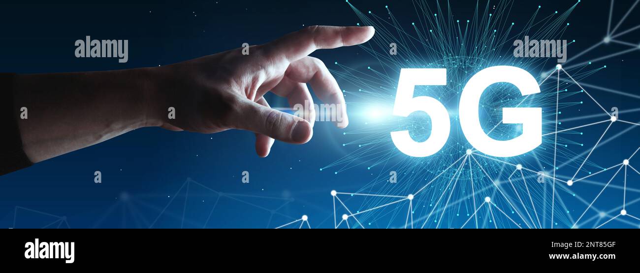 5G Fast speed wireless internet connection and technology concept. 3d ...