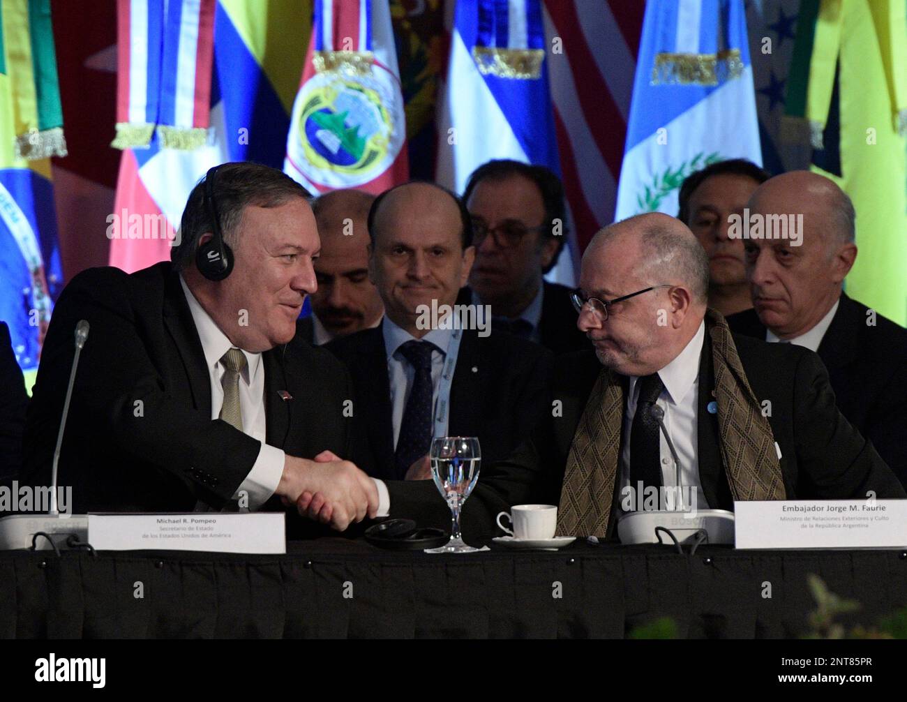 U.S. Secretary of State Mike Pompeo, left, shakes hands with Argentine ...