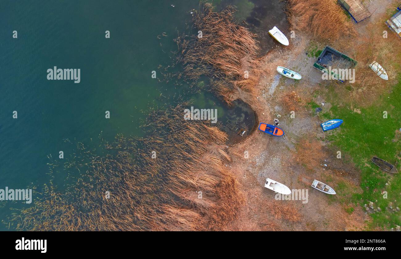 Aerial view of lake and reeds. Lake Sapanca in Turkey. Lake water level ...