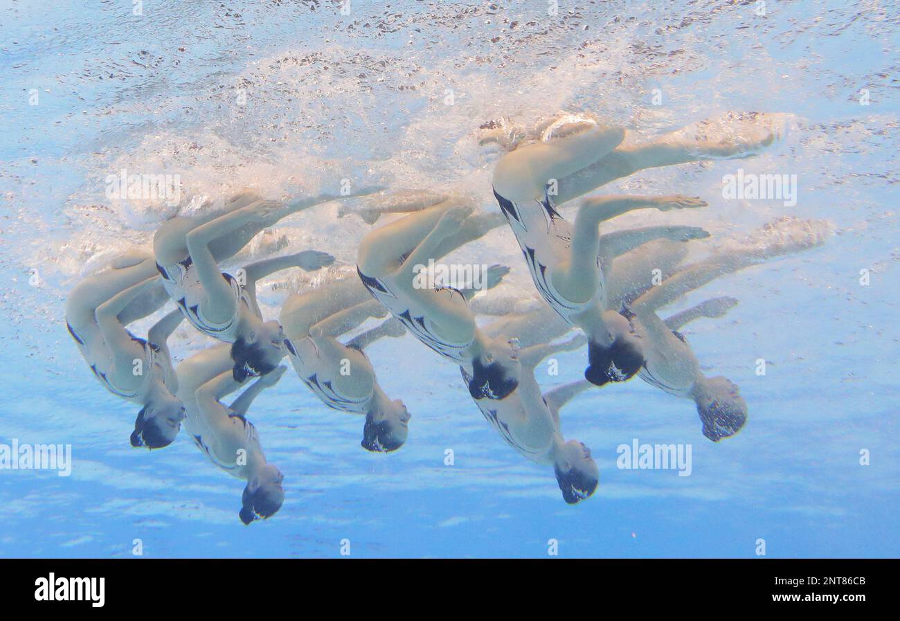Ukraine's swimmers perform during Artistic Swimming Women Team Free ...
