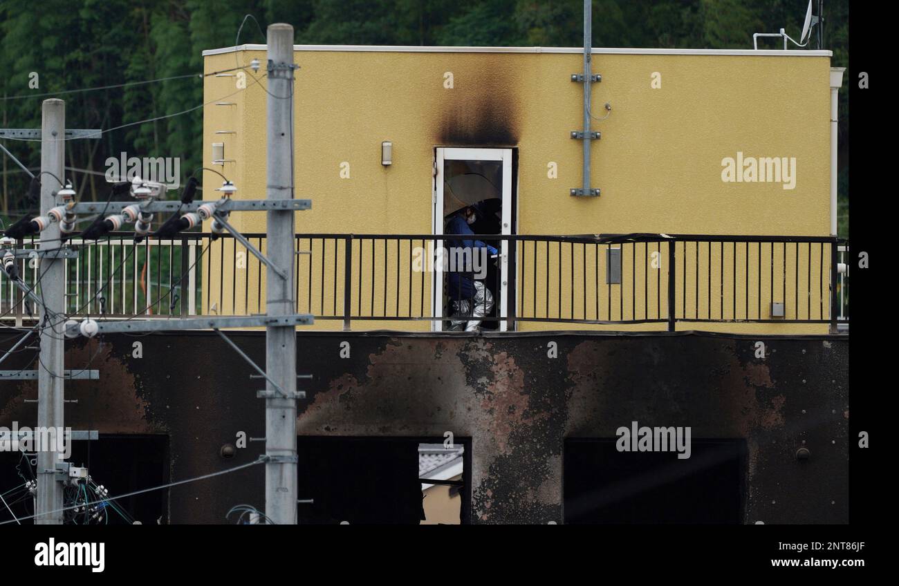 The door to rooftop is pictured at Kyoto Animation Co., Ltd. (so-called ...
