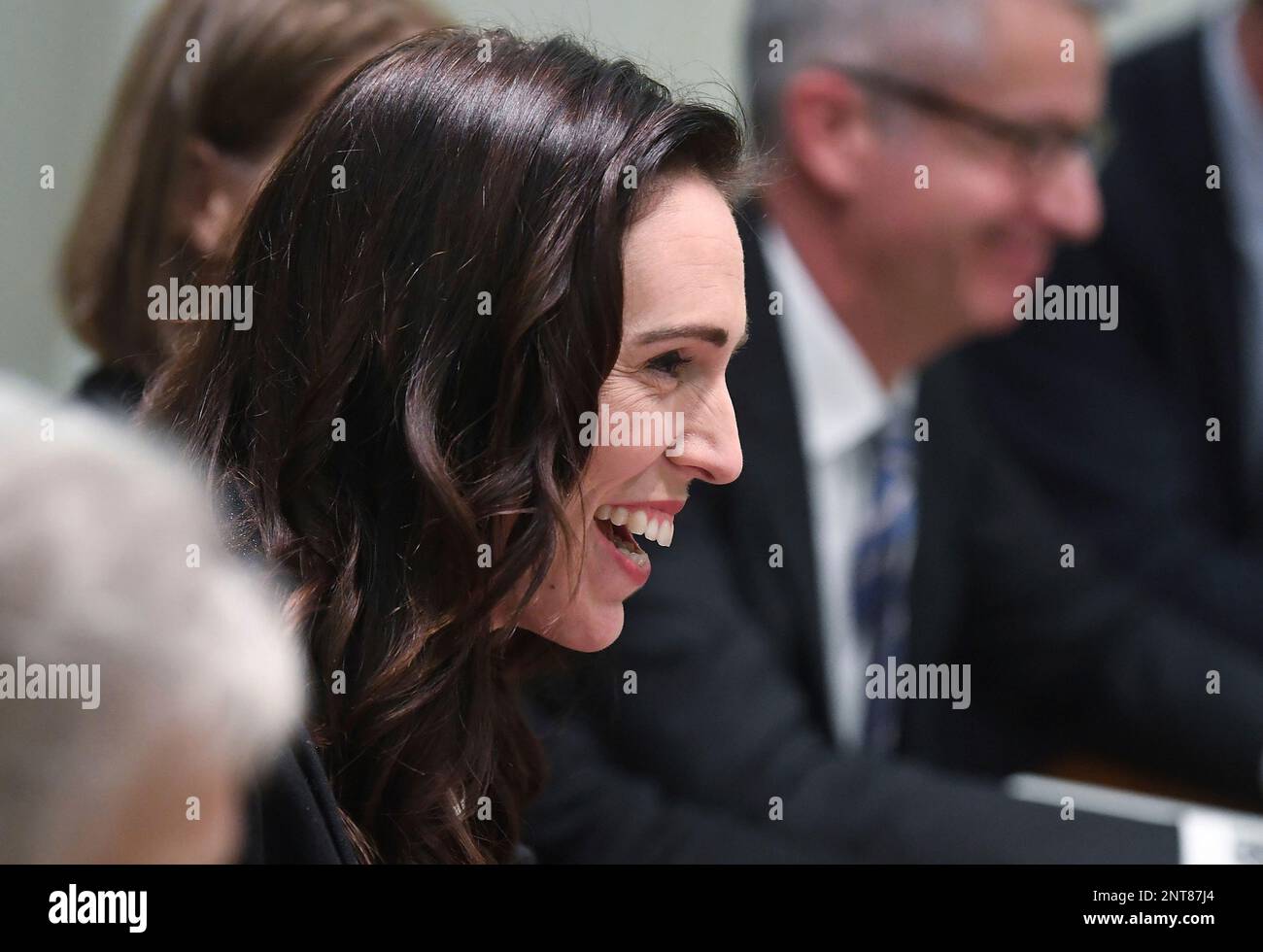 New Zealand's Prime Minister Jacinda Ardern smiles at the start of ...