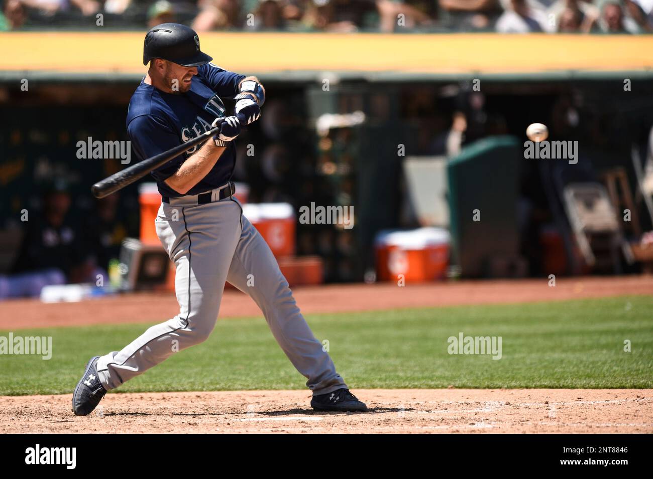 OAKLAND, CA - JULY 17: Seattle Mariners catcher Tom Murphy (2) singles ...