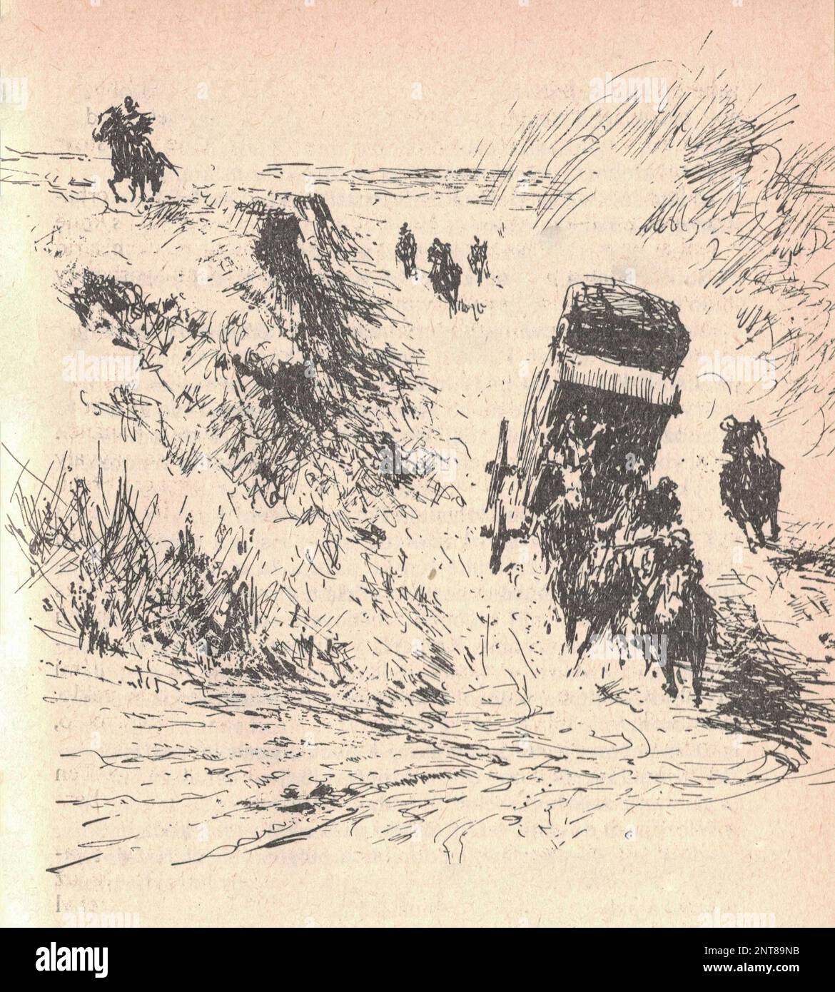 Black and white illustration shows a wild chase of a carriage in the ...