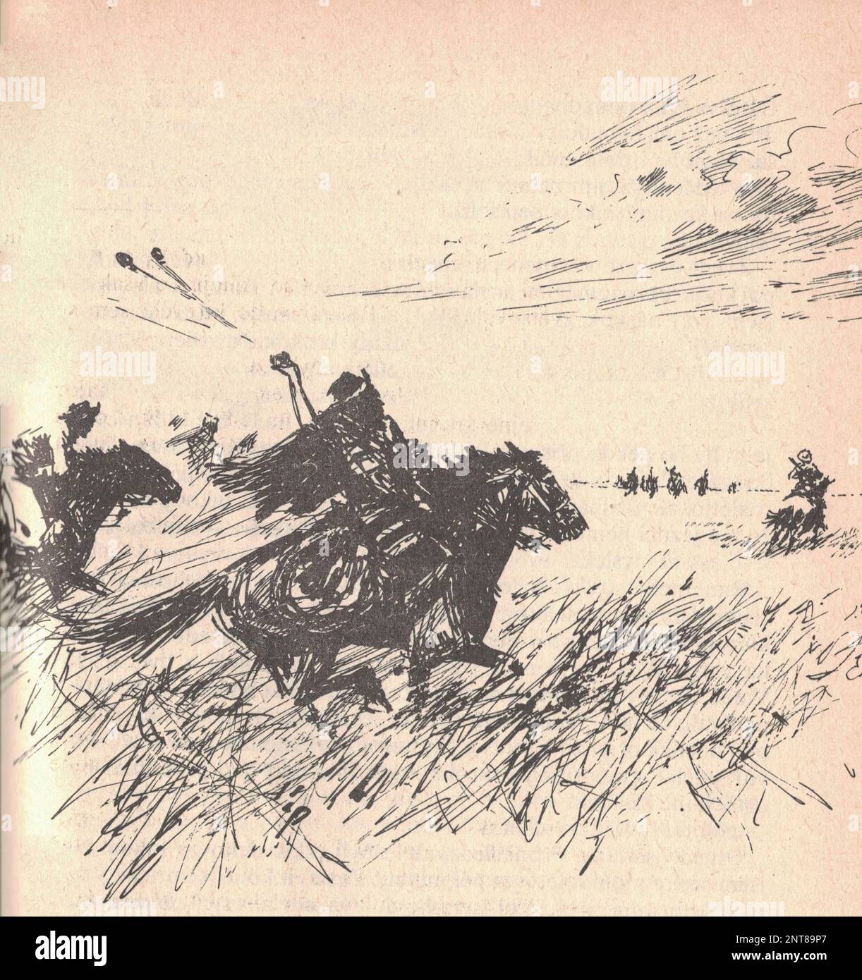 Black and white illustration shows the hunters on horseback. Drawing ...