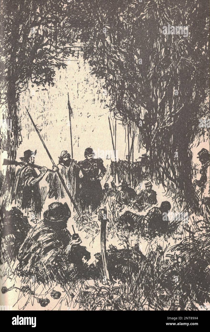 Black and white illustration shows armed men and prisoners. Drawing ...