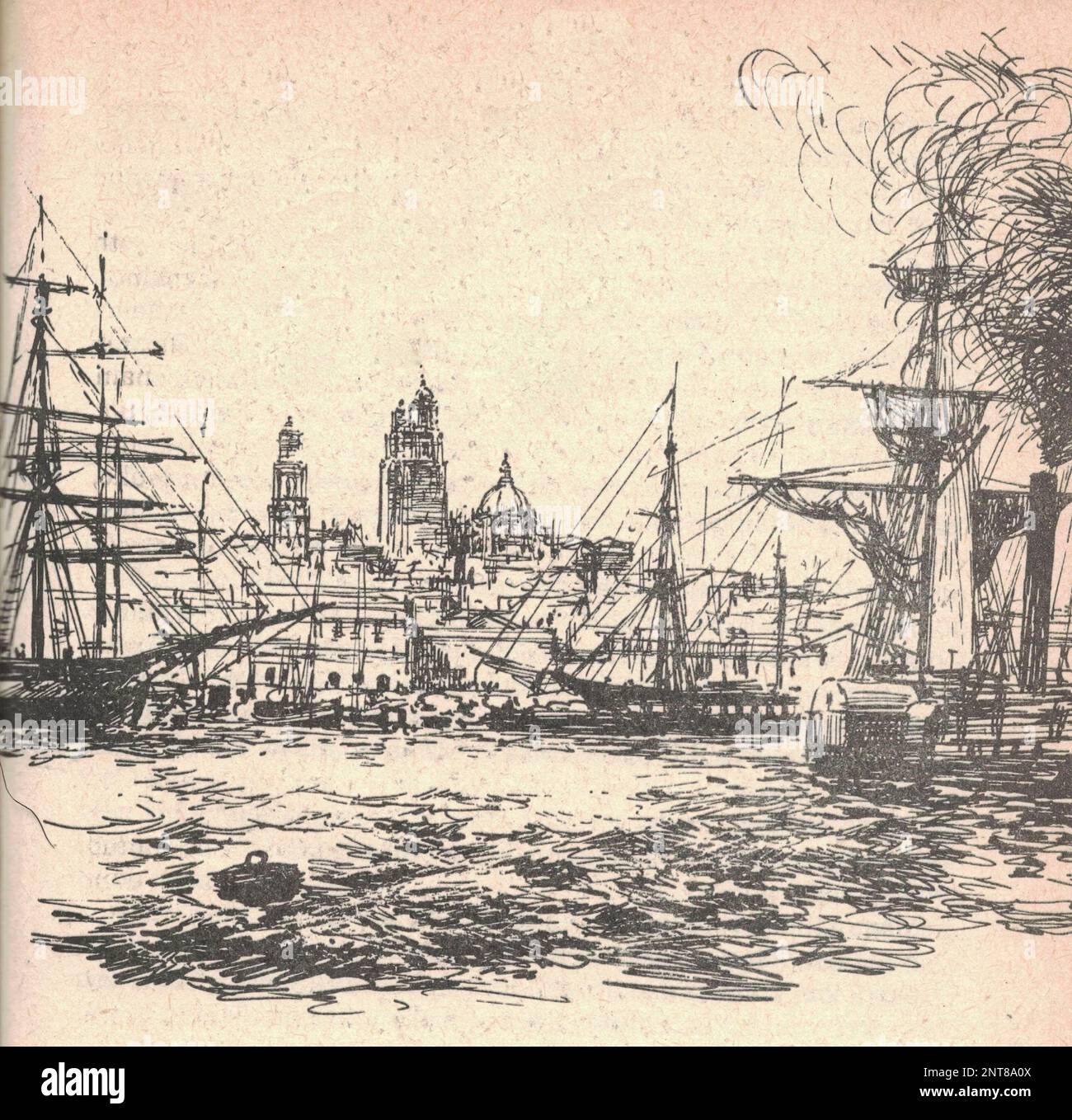 Black and white illustration shows a port in a South American city ...