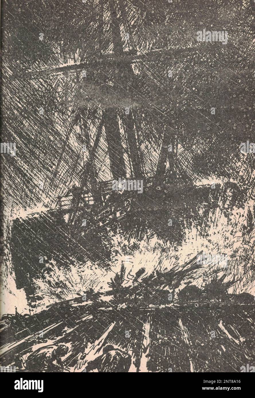 Black and white illustration shows a ship in a storm. Drawing shows a ...