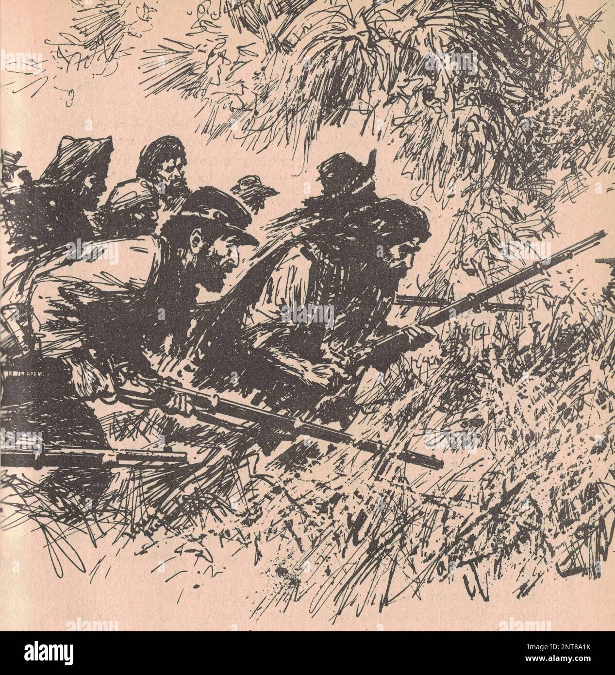 Black and white illustration shows hunters in the jungle. Drawing shows ...