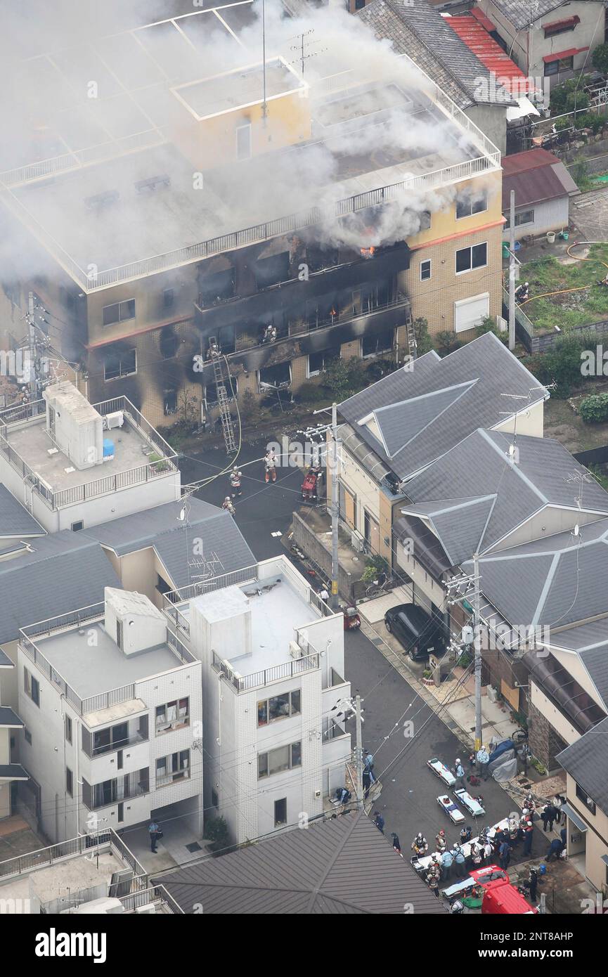 An aerial photo shows the fire site at Kyoto Animation Co., Ltd. (so ...