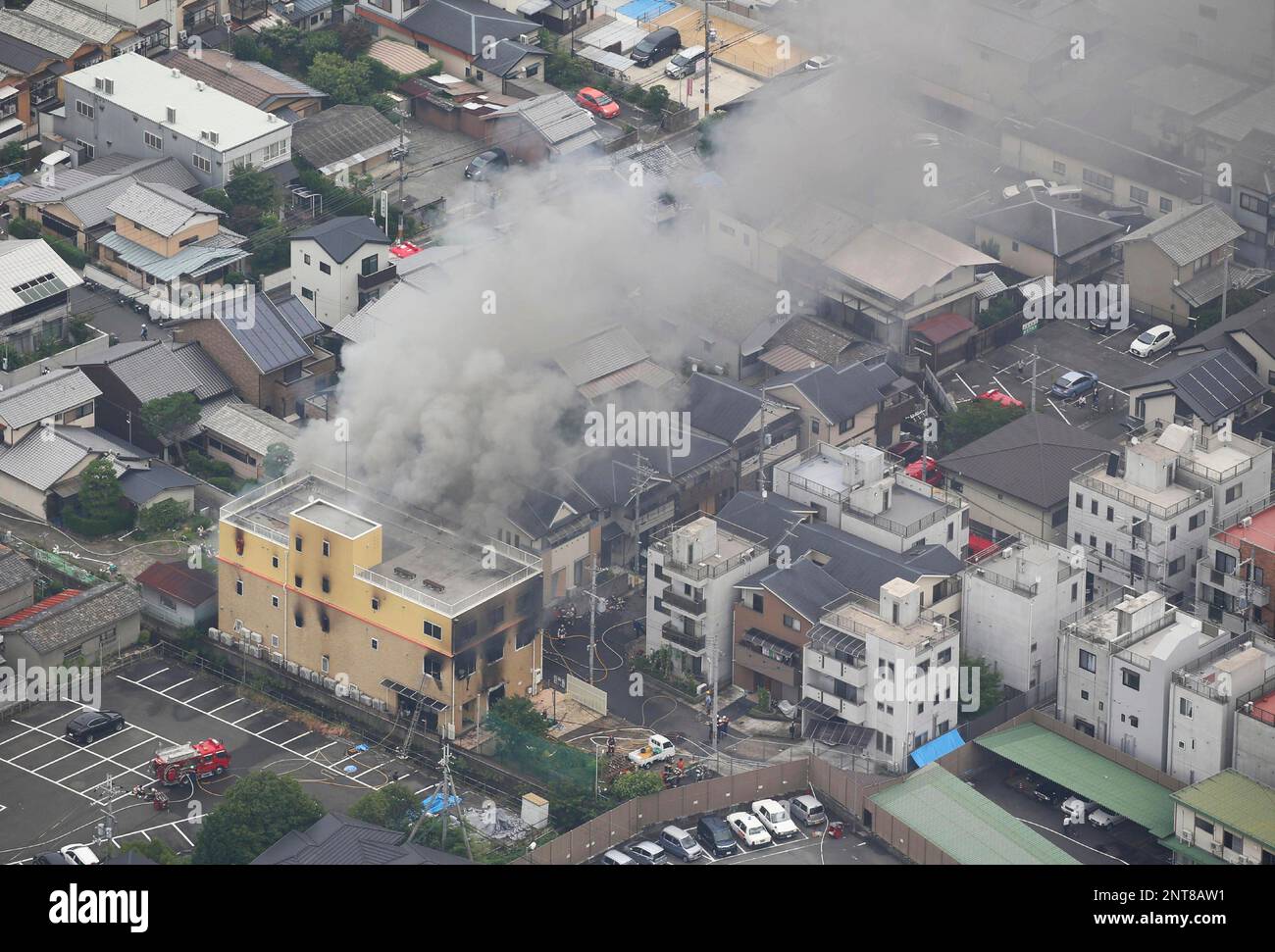 An aerial photo shows the fire site burning with fire in Kyoto on July ...