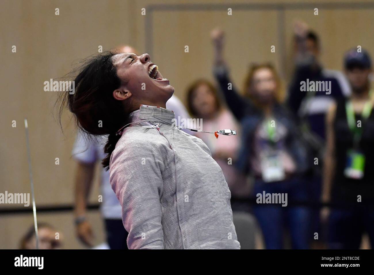 Natalia Botello of Mexico reacts during the women's individual sabre ...