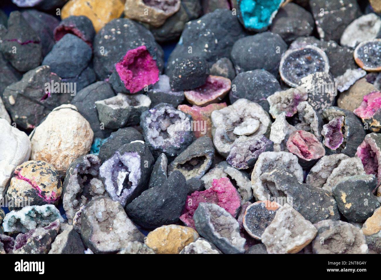 Various Geodes on display in the souk of Marrakesh in Morocco Stock ...