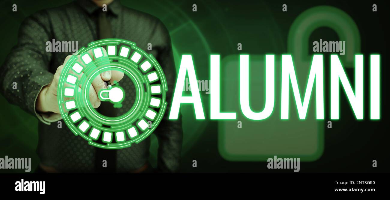 Conceptual caption Alumni. Word Written on former pupil or student ...