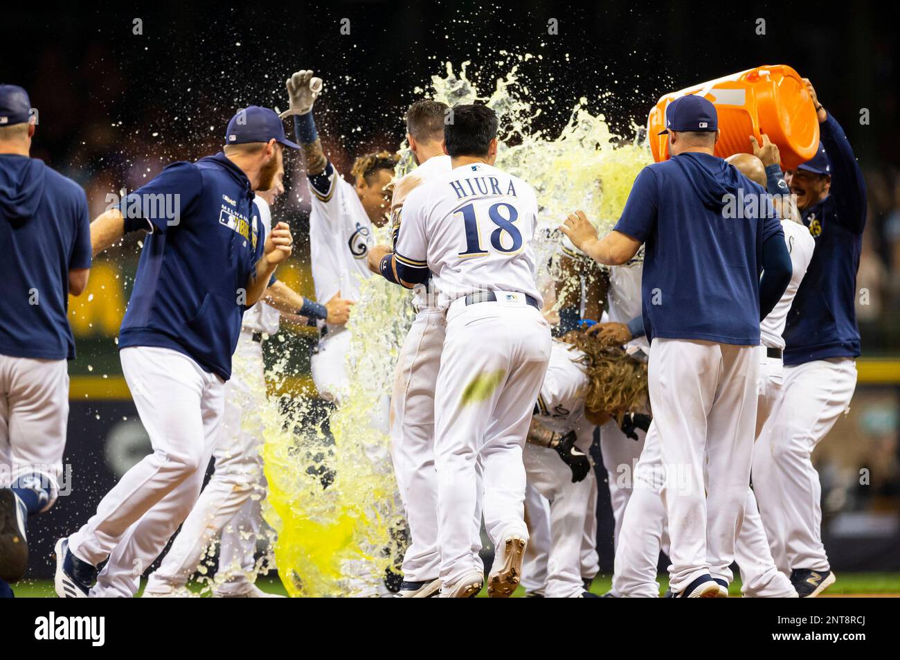 July 13, 2019: Milwaukee Brewers Ben Gamel #16gets a Gatorade bath ...