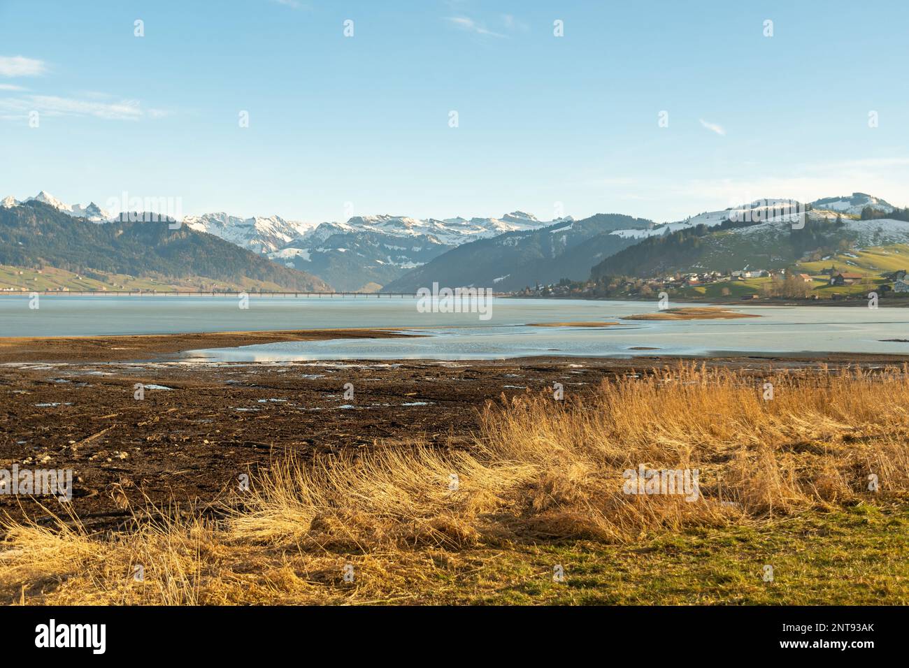 Einsiedeln area, Canton Schwyz, Switzerland, February 20, 2023 Fascinating view along the lake ...