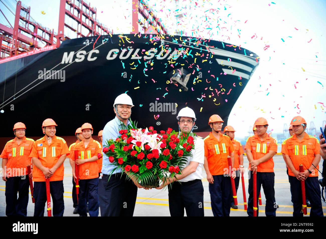 People celebrate the docking of MSC Gülsün in its maiden voyage in ...