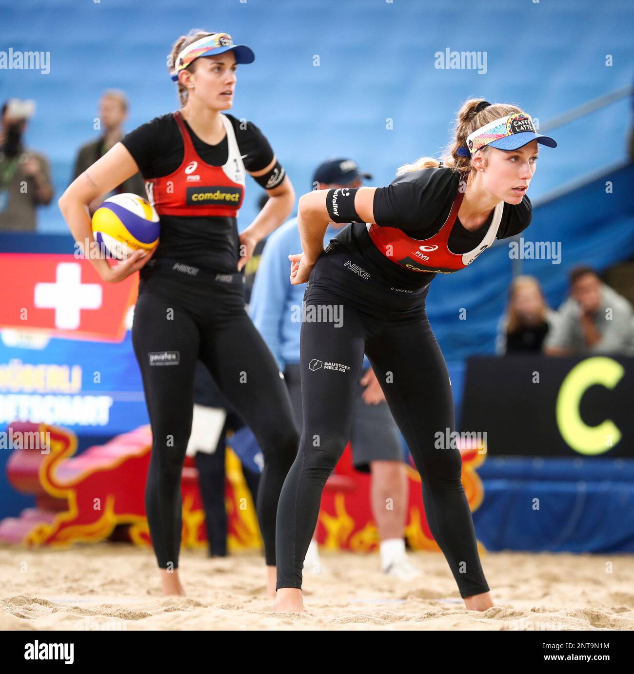 Switzerland's Nina Betschart, left, and Tanja Hueberli, right, wait to ...