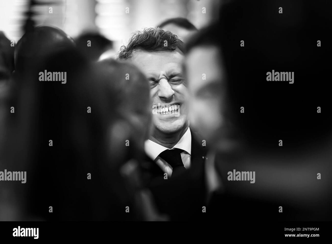 French President Emmanuel Macron laughs (smile or laugh) during the ...