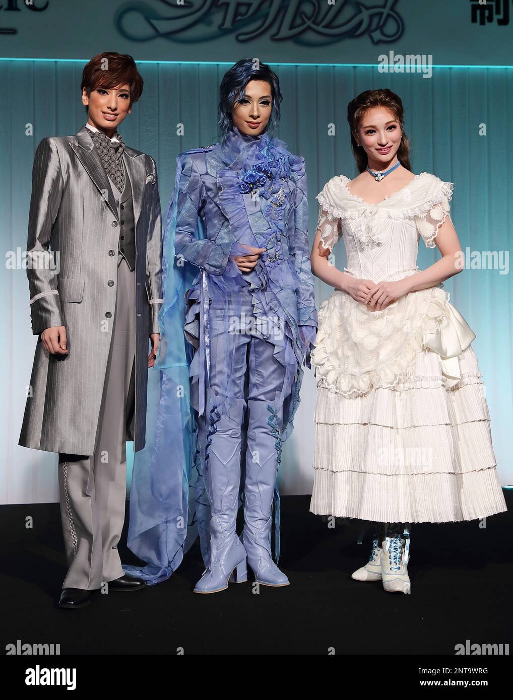 (R to L) Yuki Hana, Rio Asumi and Rei Yuzuka of Flower troupe pose for photo during a ...