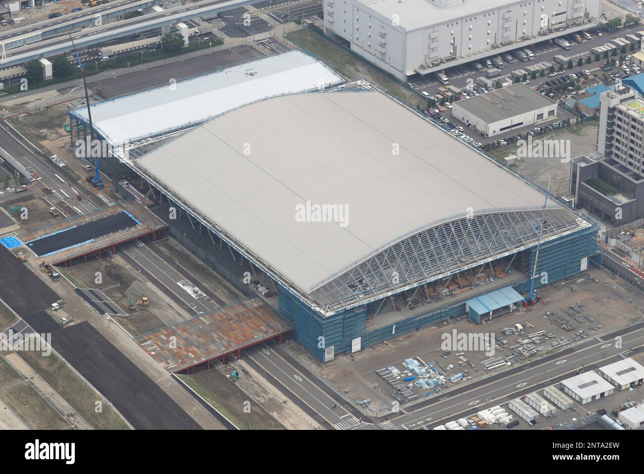 An aerial photo shows Ariake Gymnastics Centre under construction in ...