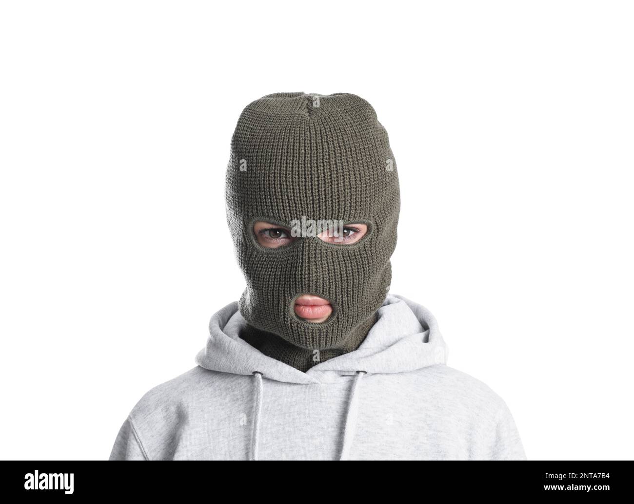 Woman wearing knitted balaclava on white background Stock Photo - Alamy