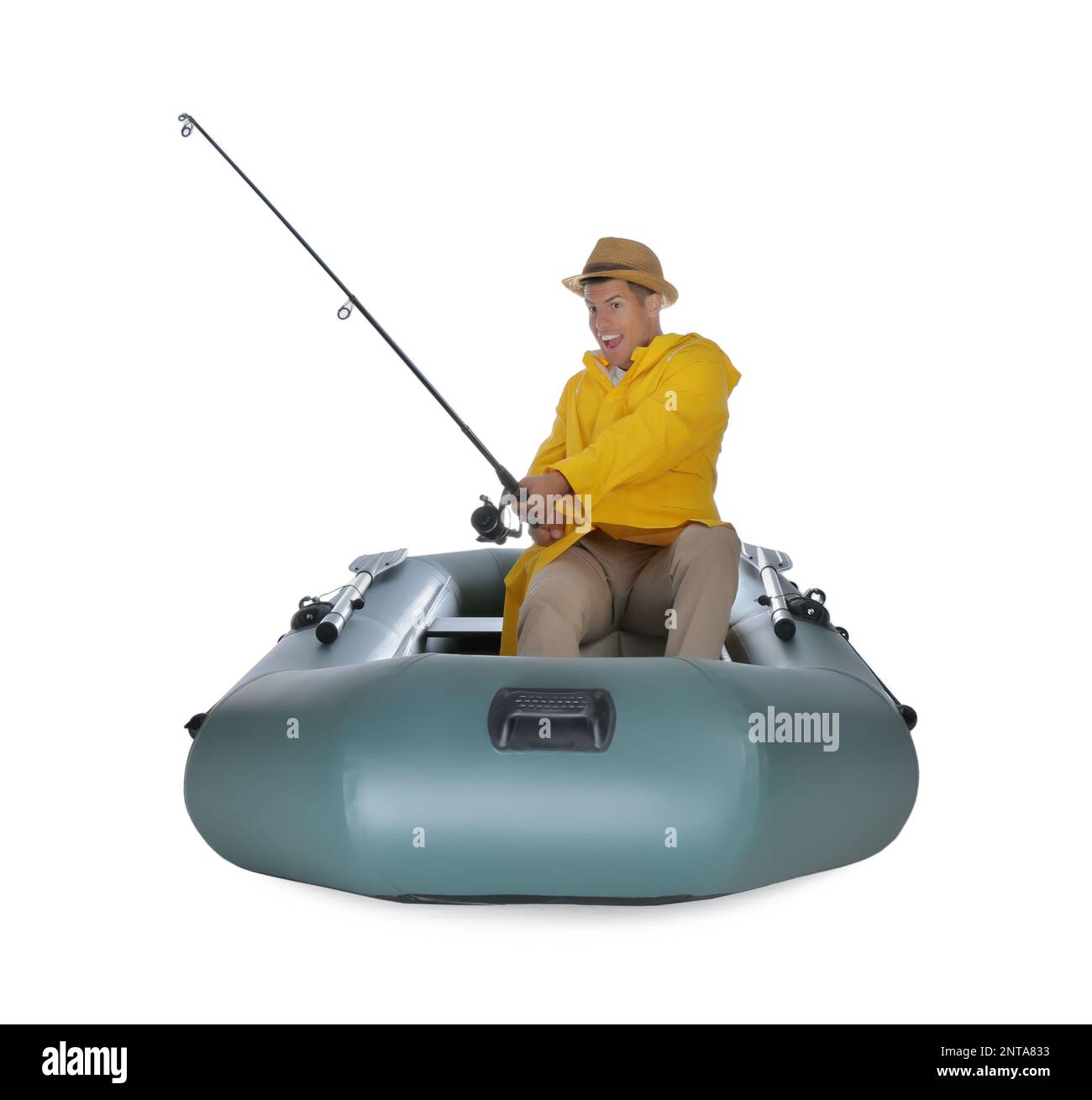 Inflatable boat male fisherman on Cut Out Stock Images & Pictures - Alamy