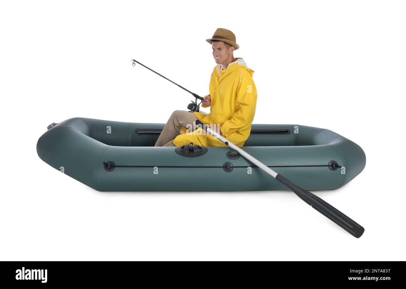 Man fishing with rod from inflatable rubber boat on white background ...