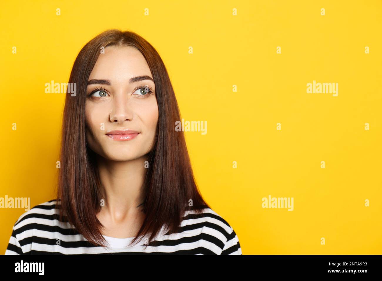 Portrait of pretty young woman with gorgeous chestnut hair on yellow ...
