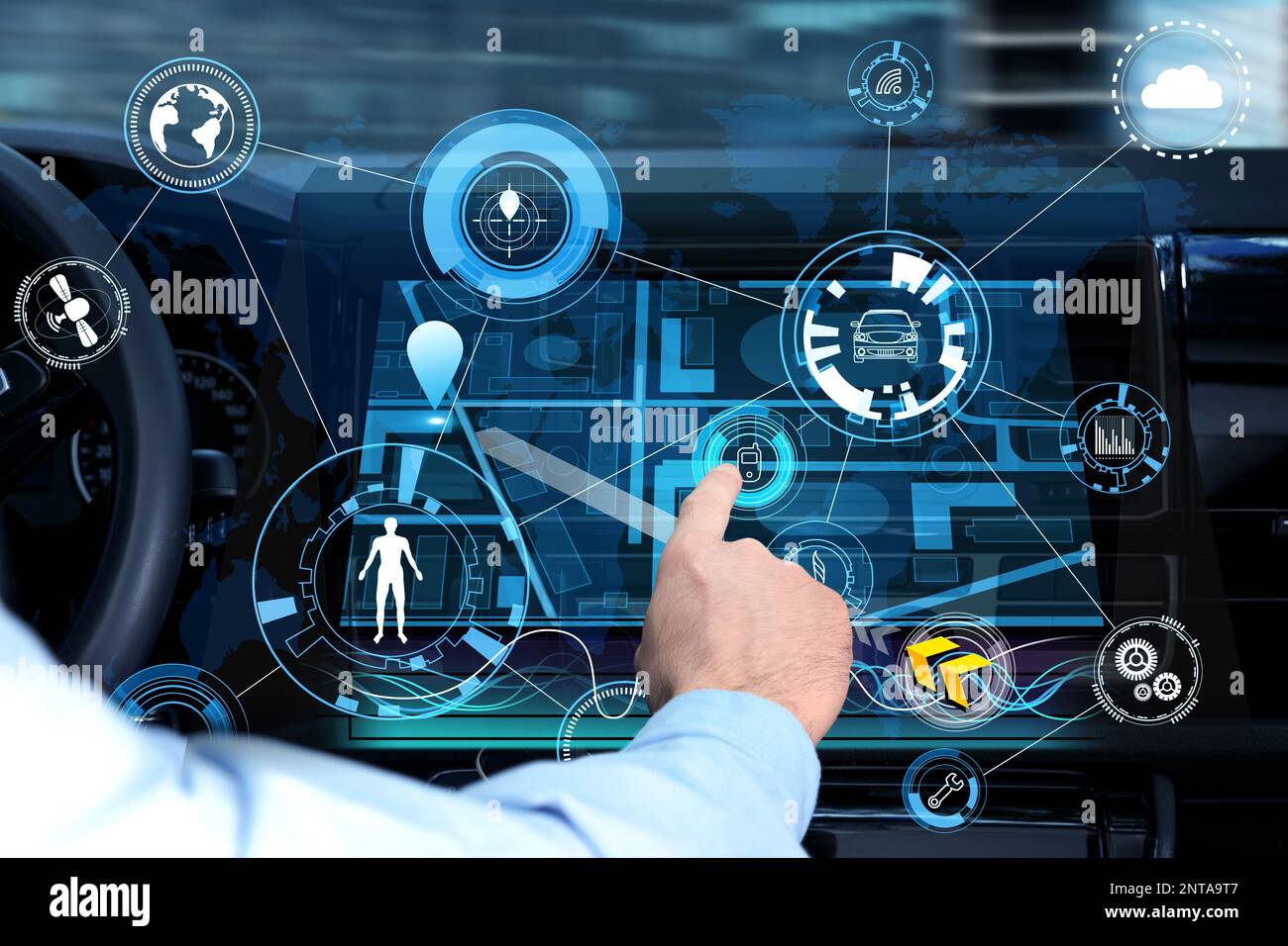 Driver using modern car navigation system, closeup Stock Photo - Alamy