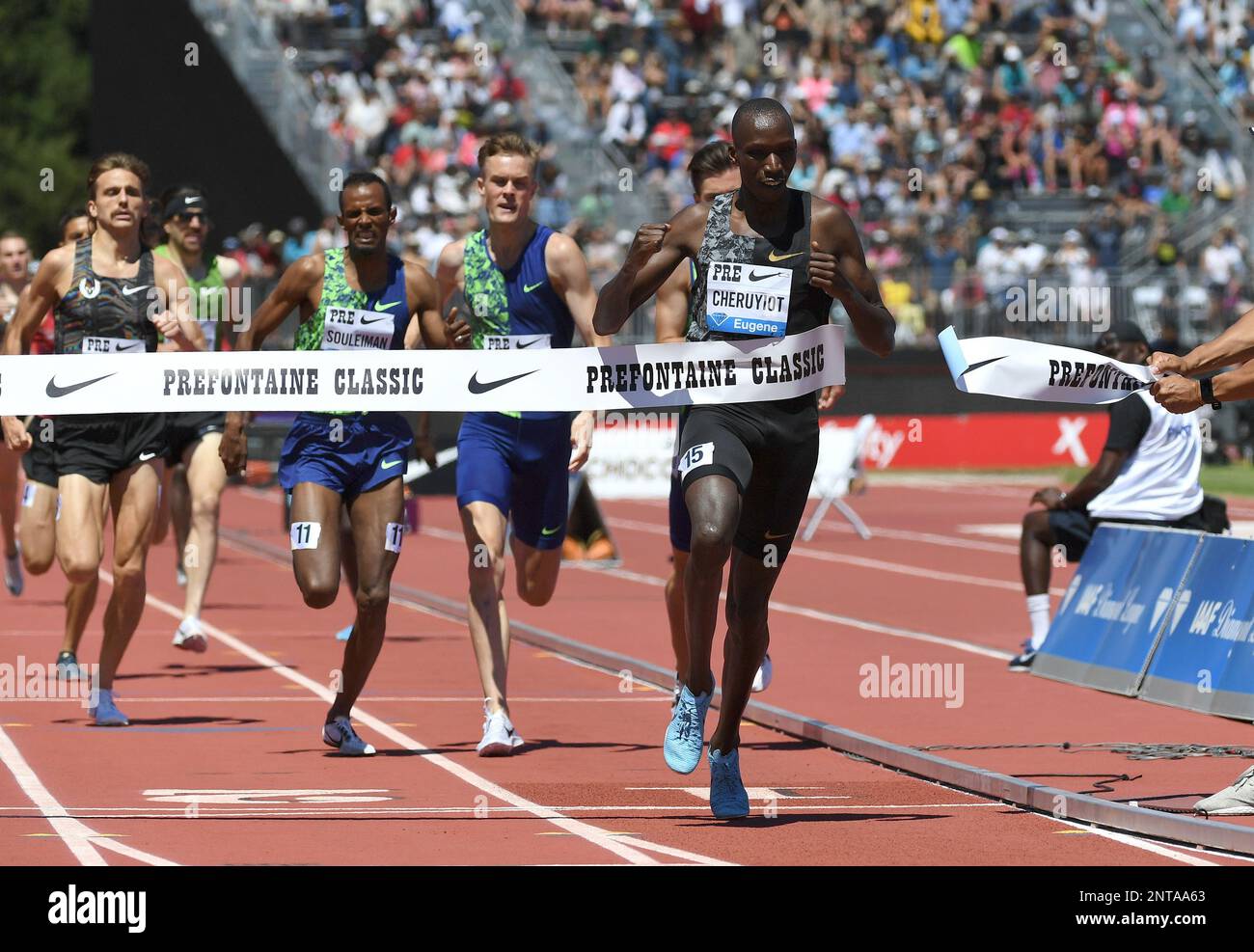Timothy Cheruiyot (KEN) celebrates after winning the Bowerman Mile in 3 ...