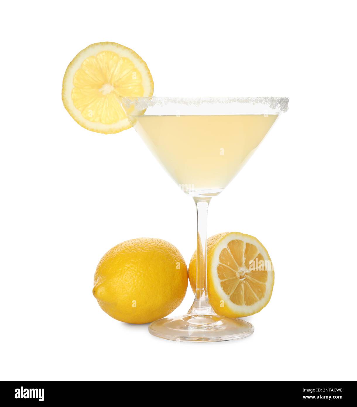 Lemon drop martini cocktail and fresh fruits on white background Stock ...