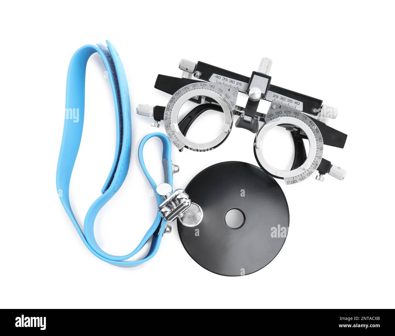 Trial frame and head mirror on white background, top view ...