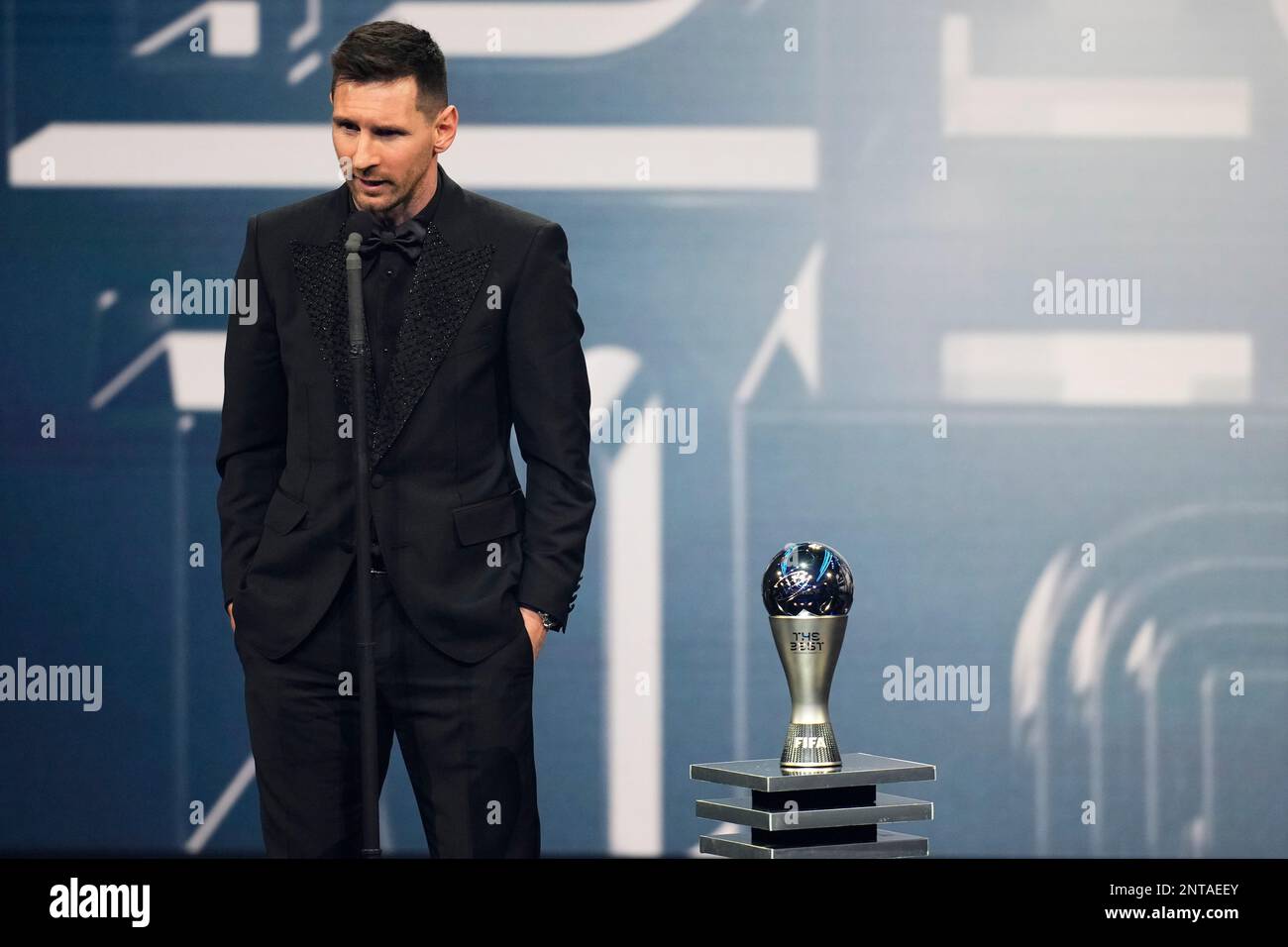 Paris, France. 27th Feb, 2023. Argentina's Lionel Messi speaks after receiving the Best FIFA Men ...