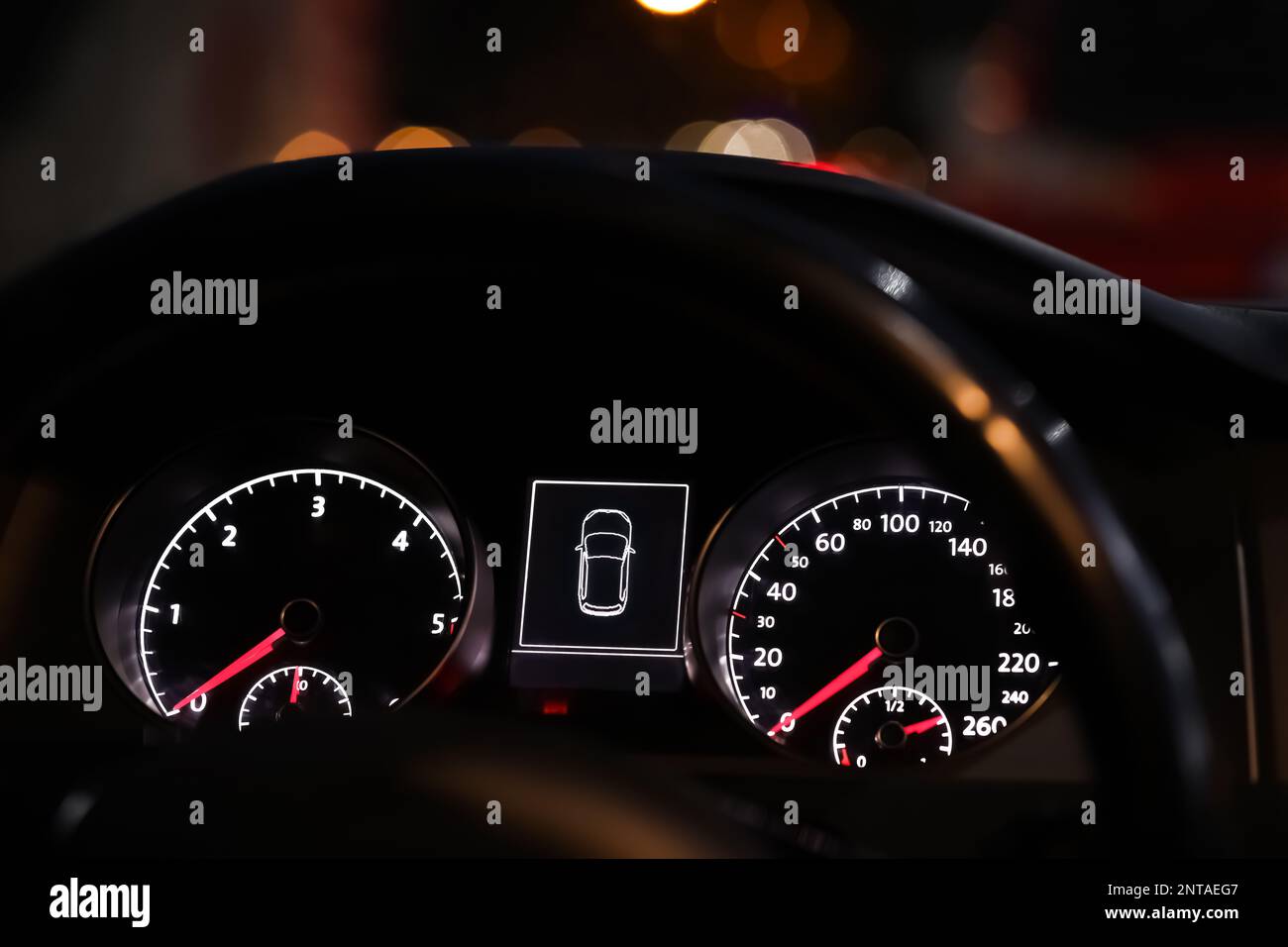 Closeup view of dashboard with speedometer and tachometer in modern car ...