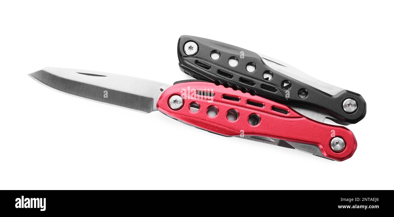 Compact portable multitool with color handles isolated on white, top ...