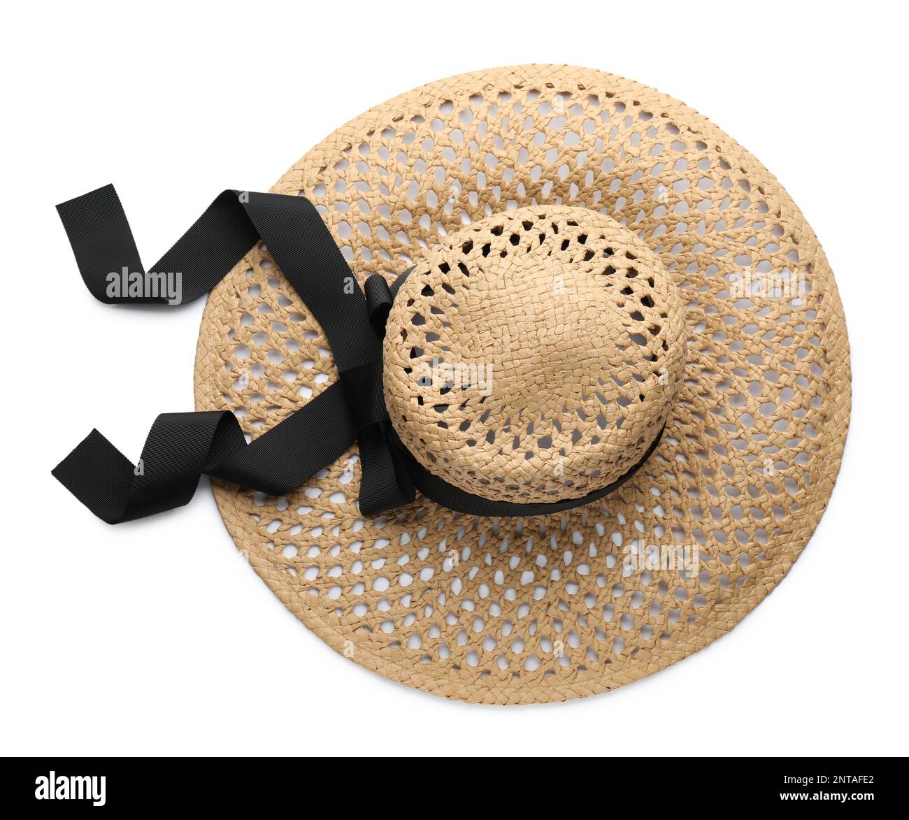 Stylish straw hat isolated on white, top view. Beach object Stock Photo ...