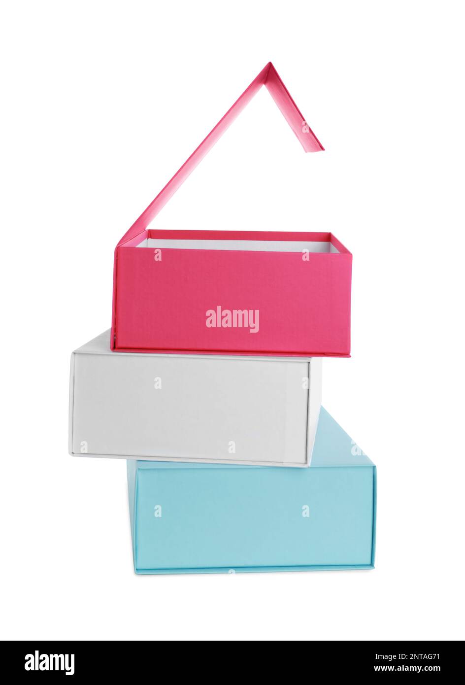 Stack of colorful shoe boxes on white background Stock Photo - Alamy
