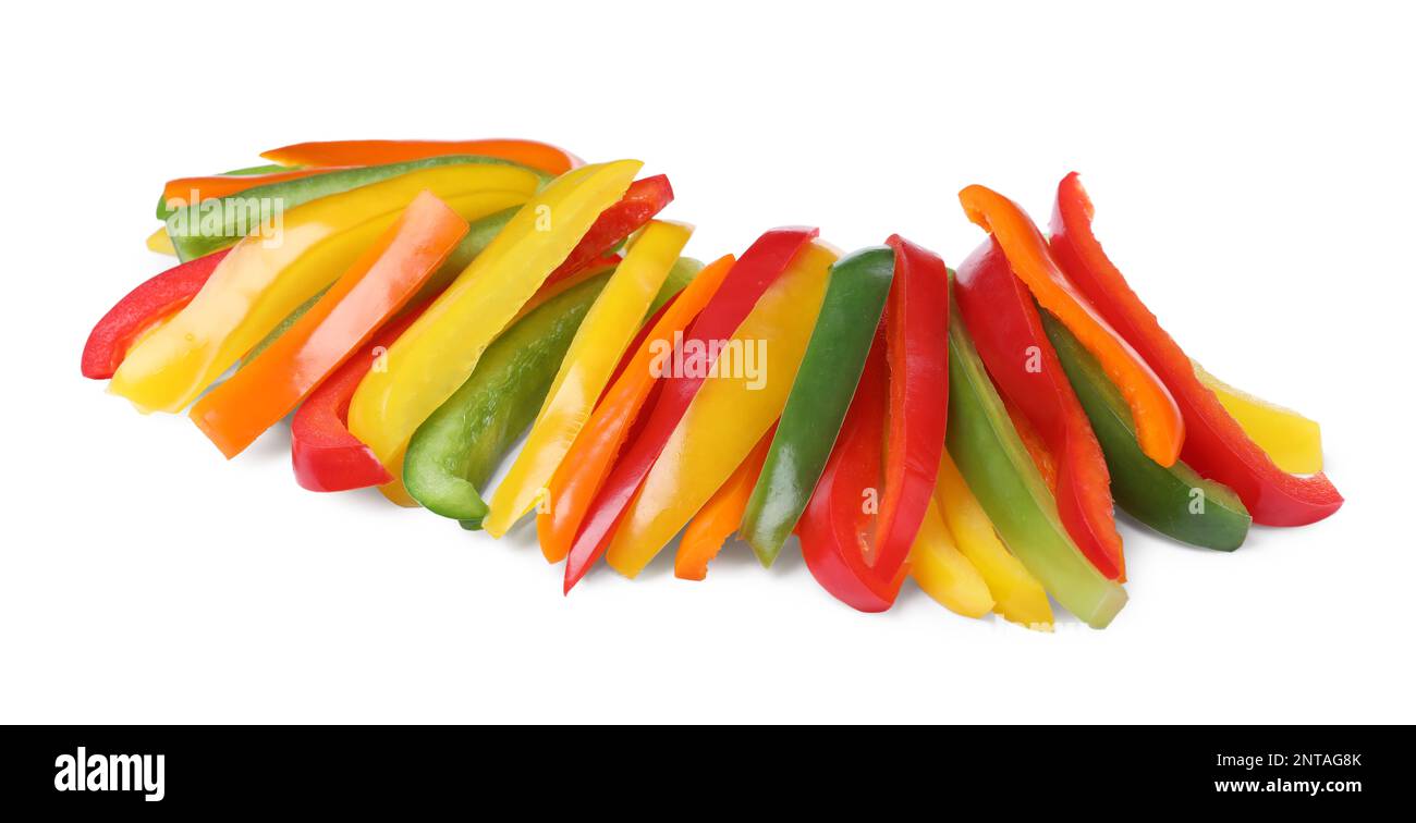 Colorful bell peppers cut in sticks on white background. Healthy ...