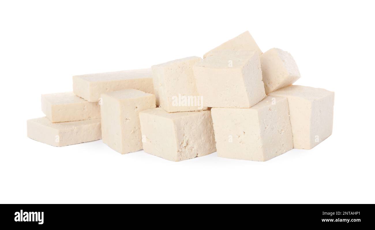 Different raw tofu pieces on white background Stock Photo - Alamy