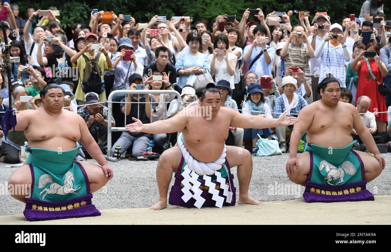 A grandchampion, yokozuna Kakuryu (C) flanked by his attendants ...