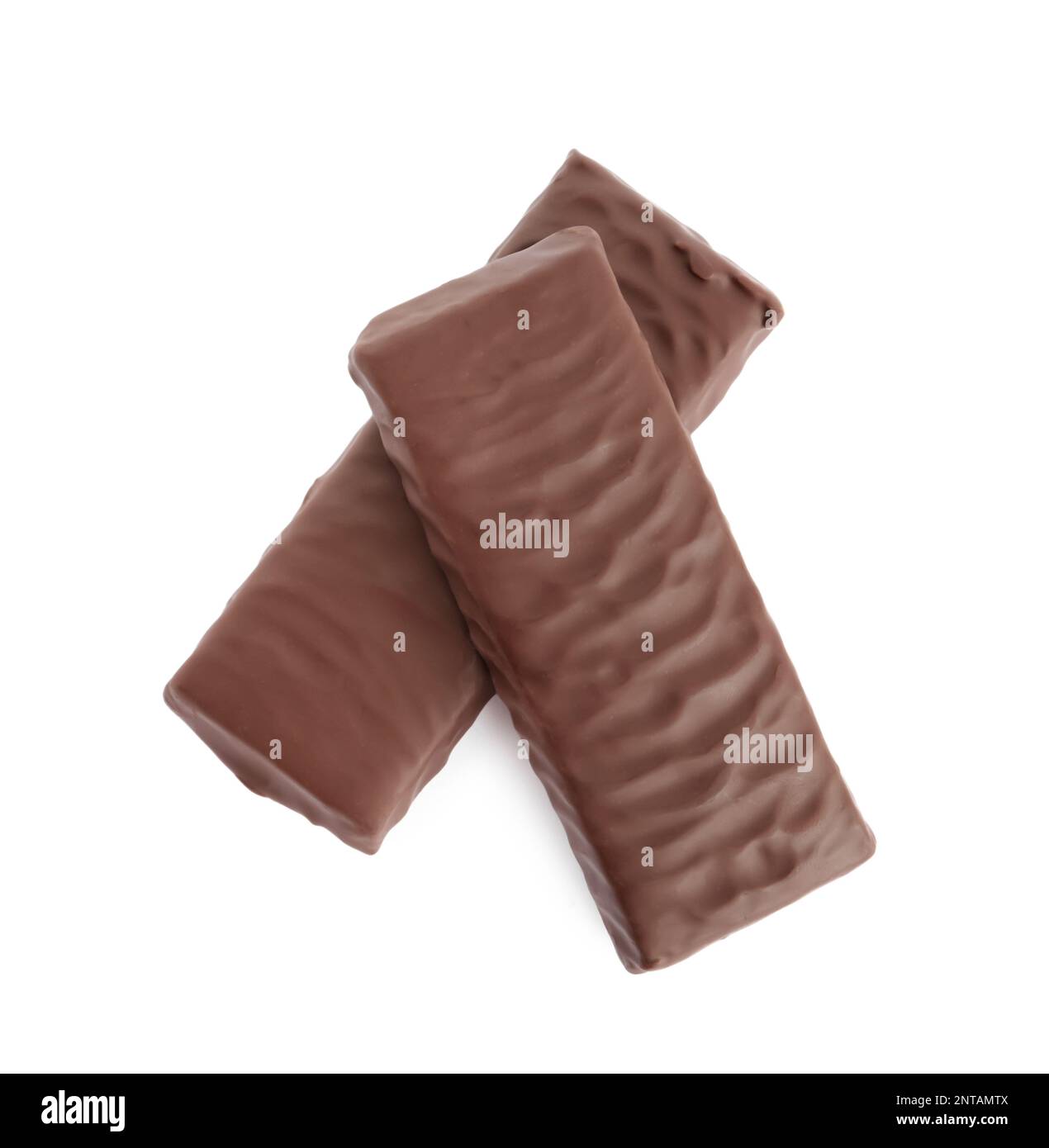 Tasty chocolate glazed protein bars on white background, top view ...